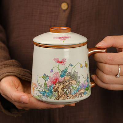 汝窑茶杯陶瓷带盖茶水分离泡茶杯家用带过滤办公杯办公室个人水杯