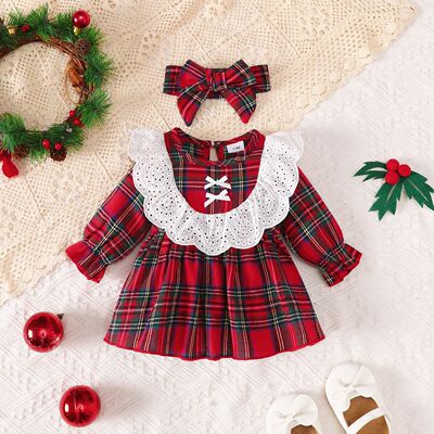 0-18 Months Baby Girl Christmas 2Pcs Red Plaid Long Sleeve D