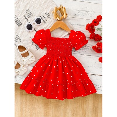 Puff Sleeve Square Neck Ruched Waist Red Polka Dot Dress Spr