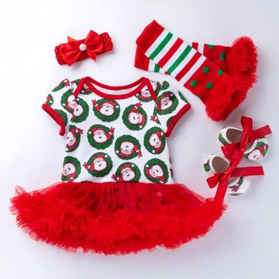 4Pcs Baby Girls Clothes Sets Christmas Kids Short-sleeved Ca