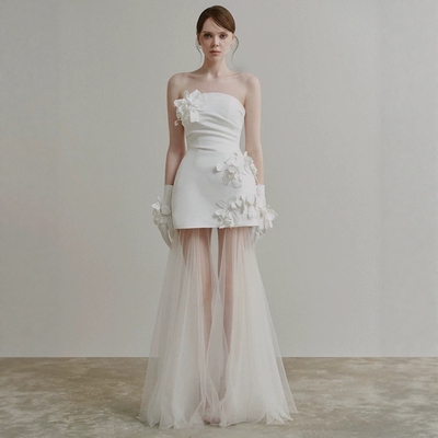 缎面轻婚纱超仙花朵白色抹胸礼服