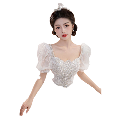 法式大拖尾泡泡袖星光婚纱礼服