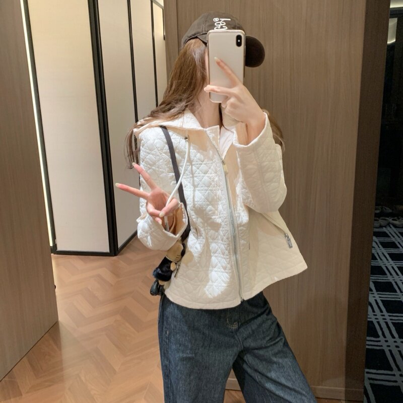 韩系连帽菱格衍缝薄棉服秋季短款小个子宽松拉链夹克休闲百搭外套