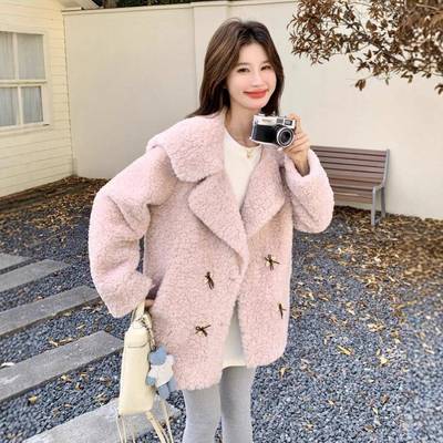 粉色温柔风大翻领羔羊毛套女2c159-910025冬新款减龄外保仿暖皮毛