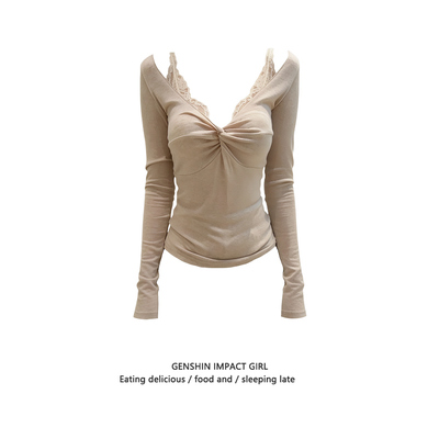 韩系假两件蕾丝V领扭结长袖T恤女