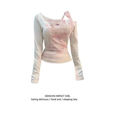 蕾丝拼接甜辣印花y2k长袖t恤女潮