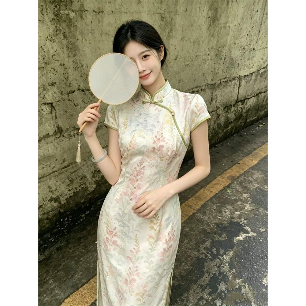 花色中长款改良绿包边立领女新连衣裙温柔浅底短袖中式日常旗袍