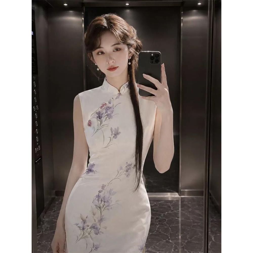 新中式兰花开叉立领气质连衣裙温柔收腰风少女白紫改良版无袖旗袍