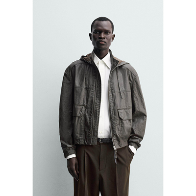 柜799！ZA春夏新品 男装 上蜡饰层亚麻棉混纺夹克外套5854405 724