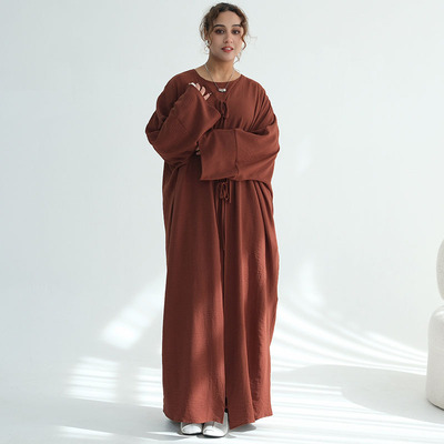 中东迪拜服纯色休闲系带开衫长袍