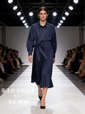 意大利品牌Philia loft正品系带收腰百褶下摆长袖连衣裙2026春夏