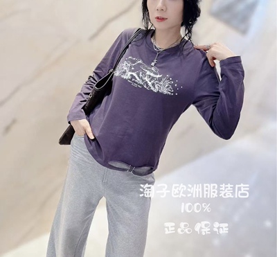 意大利品牌dalla a正品时尚撕破下摆印花圆领长袖T恤上衣2025秋冬