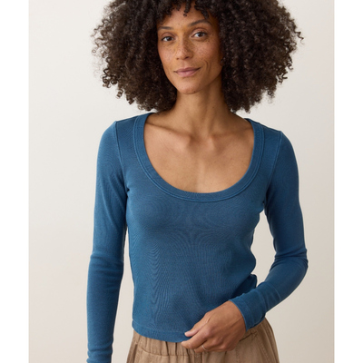 美国轻奢marine 贵品莫代尔罗纹洗水弹力宽勺领长袖上衣