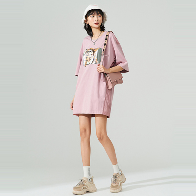 2021夏鸟圆领拼接女宽松A2FA92311休闲五分袖T恤连衣裙A2FA92311