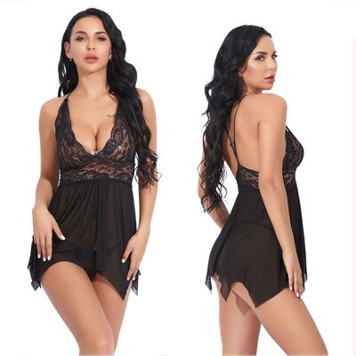 Sexy Crotchless Blue Lingerie Women Lace Hollow Bra Set Erot