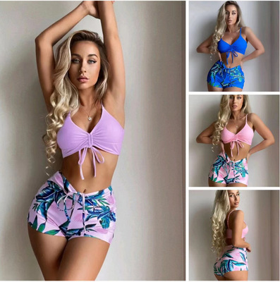 Drawstring Front Shorts Bikinis 2025 High Waist Swimsuit Wom