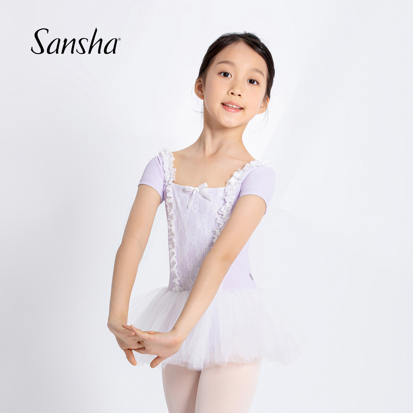 Sansha三沙芭蕾舞蹈练功服儿童女童体操服演出服连体服短袖蕾丝