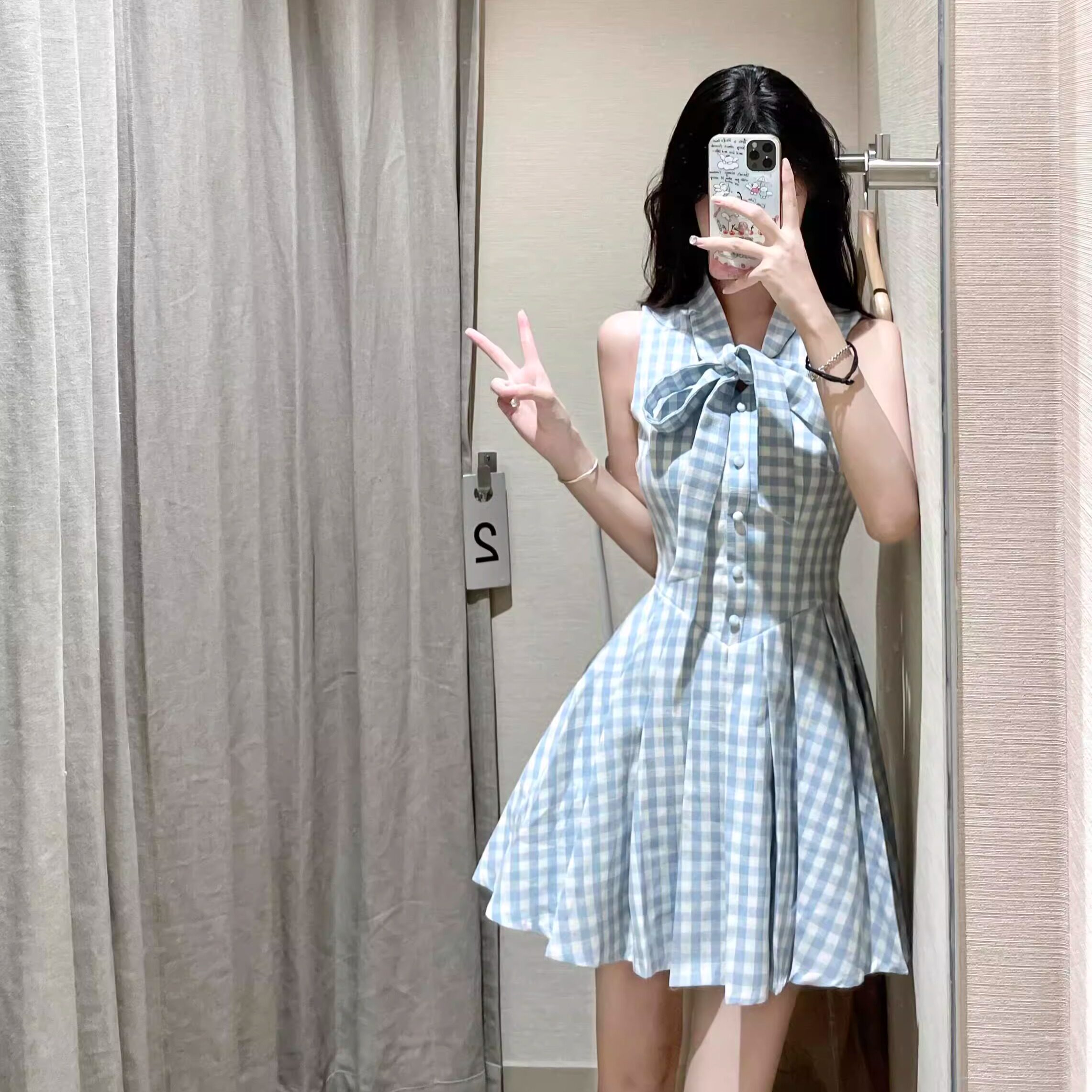 法式甜美蓝色无袖格子连身裙子女夏2025年新款蝴蝶结气质百褶短裙