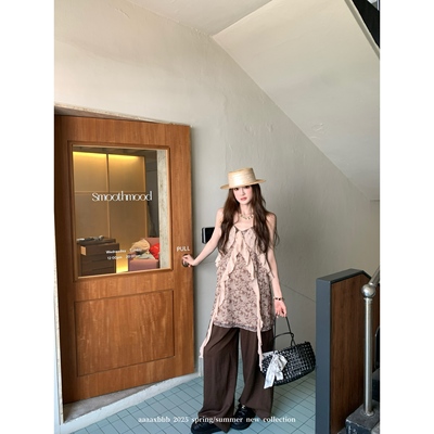 aaaaxbbb钉珠碎花飘带吊带上衣