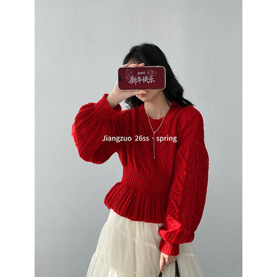 江左 新年款红色毛衣掐腰灯笼袖毛衣女春季软糯小个子针织衫U1487