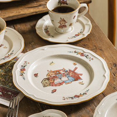 复古少女心家用陶瓷盘子饭碗套装