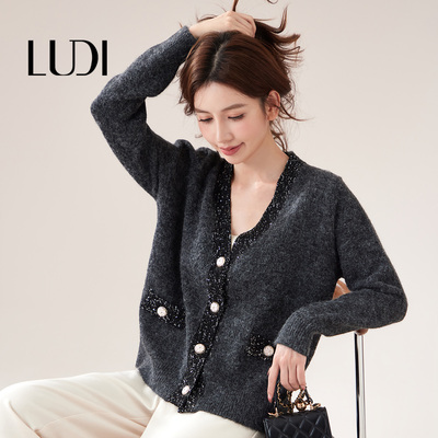 露迪尚品秋冬毛衣外套针织开衫灰色小香风含羊毛LDF257135