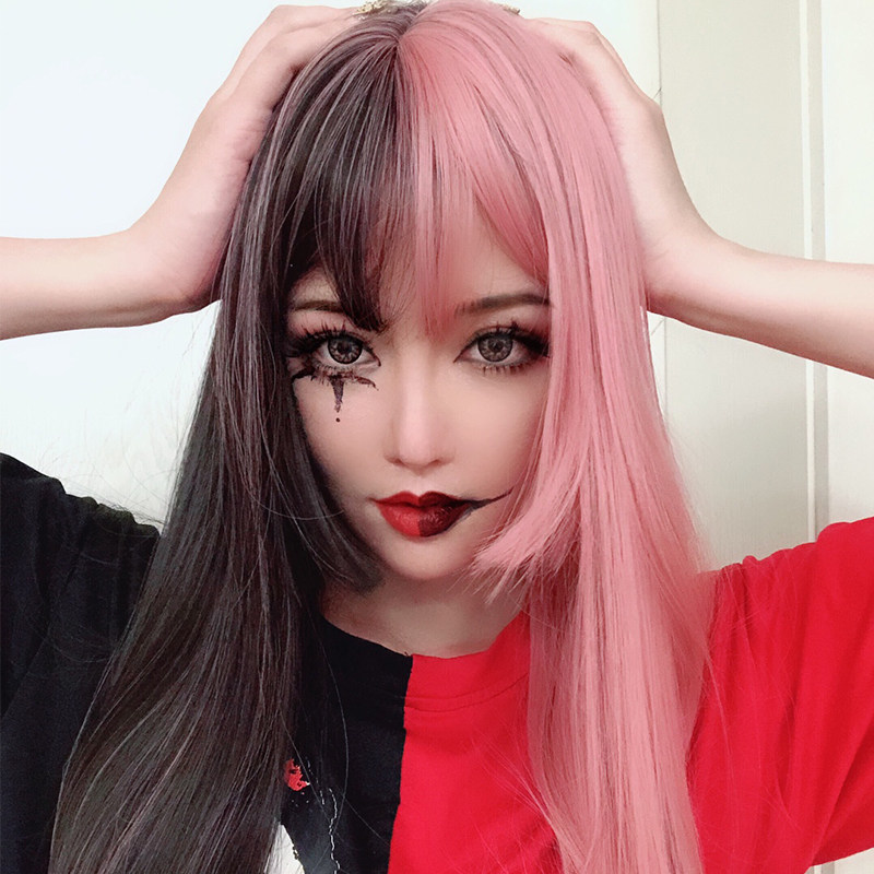 七十七妃Lolita哥特原宿日常阴阳黑粉双拼色洛丽塔姬发长直发假发