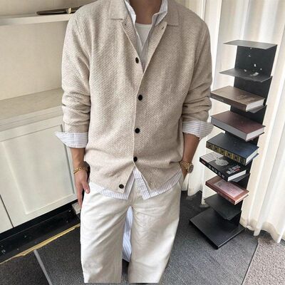 轻熟松弛感杏色针织开衫男秋季慵懒风柔然舒适上衣老钱打底衫毛衣