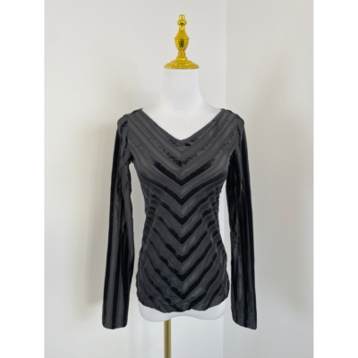 C5010外贸新款女装四面弹条纹金丝绒上衣修身显瘦V领长袖打底衫