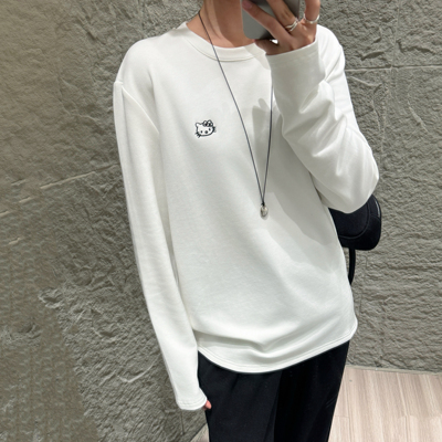 DW加绒卡通猫刺绣t恤女秋冬季2025圆领简约百搭内搭打底长袖8100