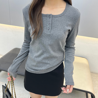 高级方领纽扣磨毛长袖T恤女装秋冬内搭感修身打底衫气质上衣7342