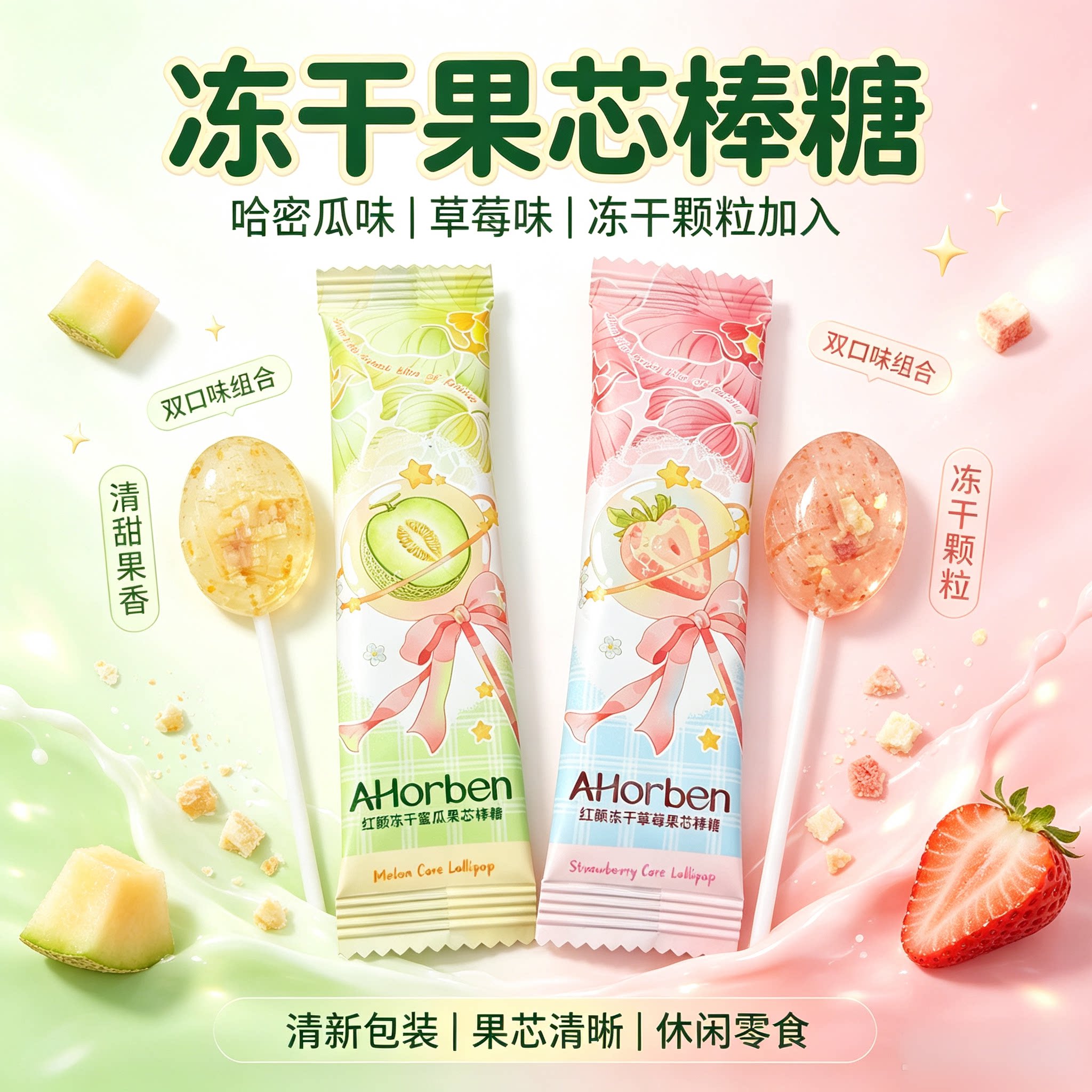 英国巧斐尔红颜冻干哈密瓜草莓果芯棒糖散装休闲零食结婚喜糖年货