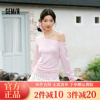 森马字母紧身斜肩短款长袖T恤女