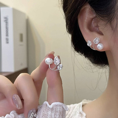 s925银针耳饰郁金香珍珠两戴耳钉