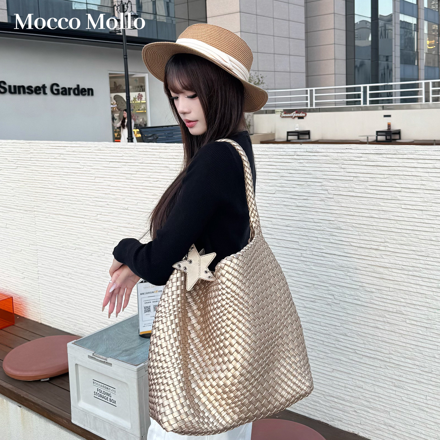Mocco Mollo2026包包女新款托特包大容量金色编织包通勤百搭女包