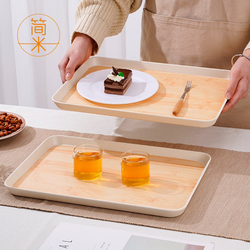仿木纹密胺托盘家用放茶杯水杯子茶盘塑料水果盘子长方形收纳餐盘