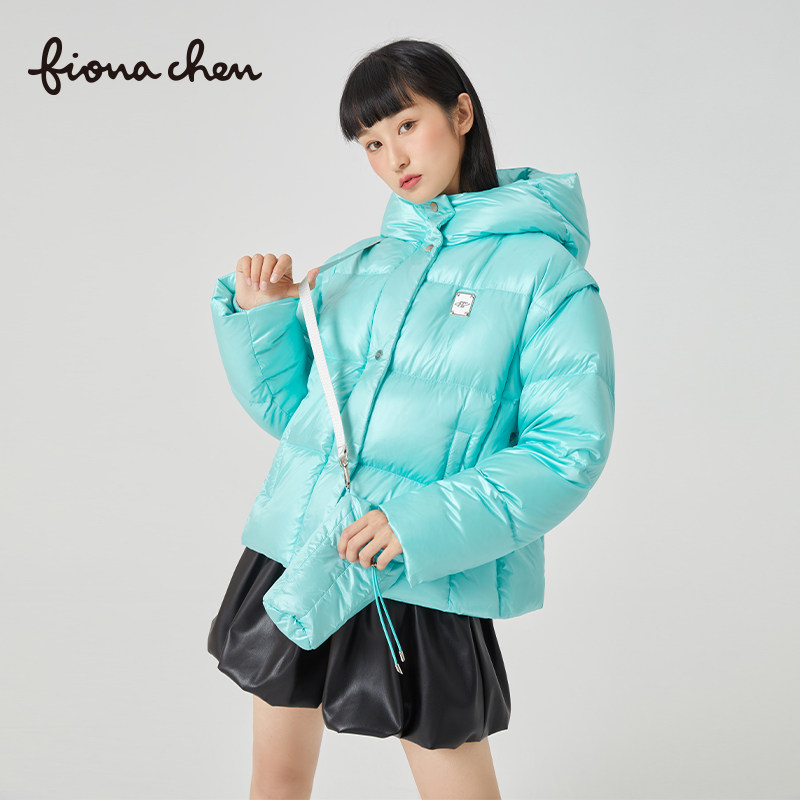 【SY】fiona chen/斐娜晨冬季新品纯色百搭可拆卸袖连帽羽绒服_虎窝淘