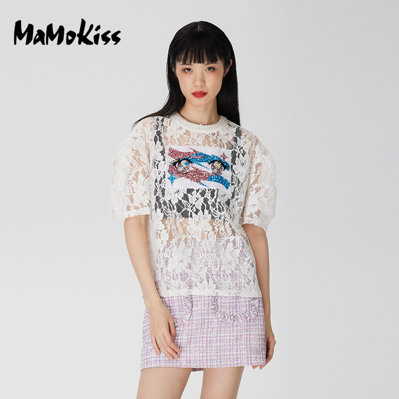 【SY】fiona chen/斐娜晨MAMOKISS2023年大眼睛蕾丝短袖T恤_虎窝淘