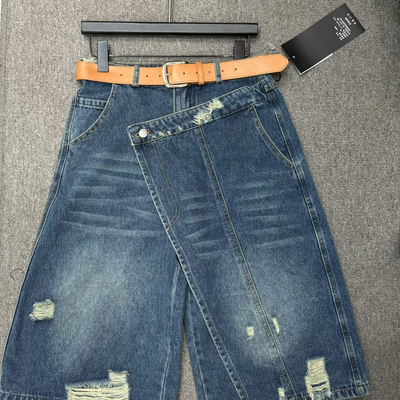 夏上新美式设计感复古不规则七分裤牛仔裤(配腰带)4210
