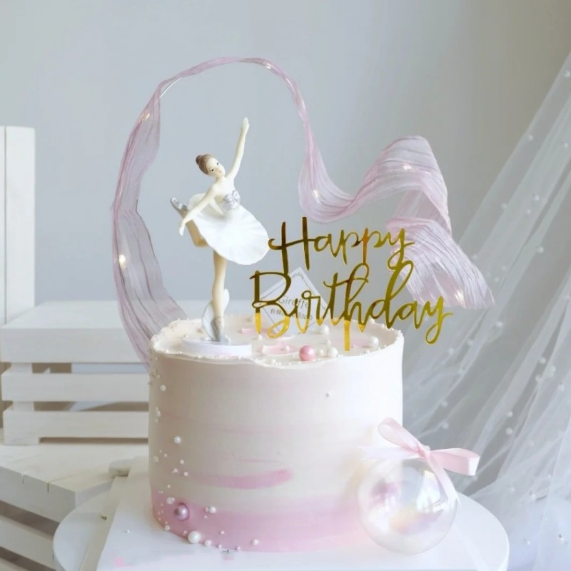 芭蕾舞女孩生日蛋糕装饰摆件飘带插件女孩生日烘焙甜品台装扮配件