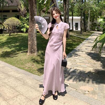 紫色新中式风复古轻奢名媛风连衣女夏季袍新C159-919款国改裙良旗