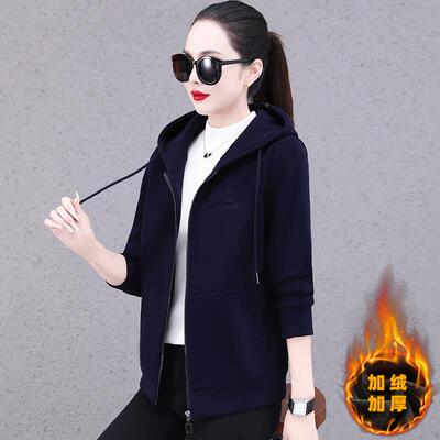 衣链女冬加BAP绒加中厚新款时尚洋气连帽拉开衫外套年女士卫上衣