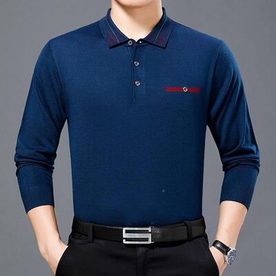 秋季款男装商套务休闲男EUK士恤新纯色翻领头中老年绒针织羊衫