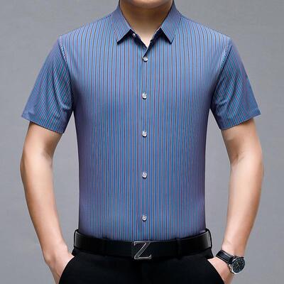 桑蚕丝衬衫时尚短袖夏季中年男烫休真冰丝2289-T丝轻奢免条纹闲衬