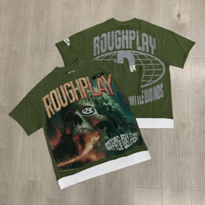 RoughPlay美式INS款高街短袖复古烫钻假两件休闲宽松纯棉T恤上衣