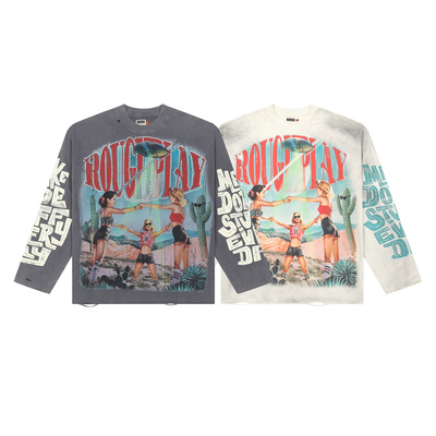 美式RoughPlay复古白墨直喷洗水烫钻破洞街头假两件纯棉长袖T恤衫