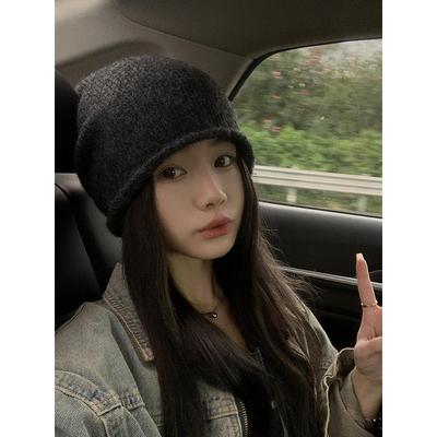 100%纯羊绒针织帽子女冬季日系百搭毛线帽大头围堆堆帽显脸小冷帽