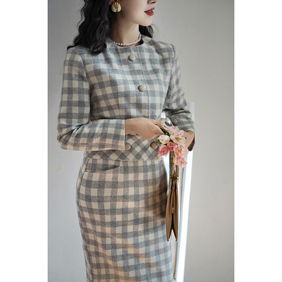 Chings复古优雅格纹粗呢毛呢套装收腰直筒裙显瘦半裙格雷系短外套