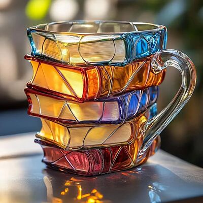 Painted Book Mug, 3D Colored Glass Book Coffee Mug, Novelty