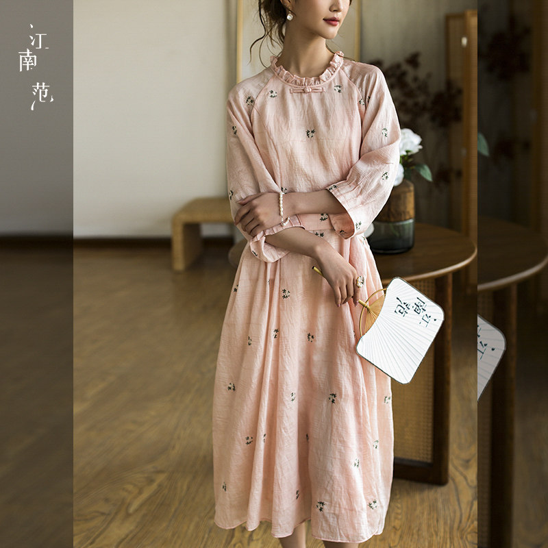 江南范新中式改良汉服连衣裙收腰系带刺绣轻国风中长裙轻奢高级感